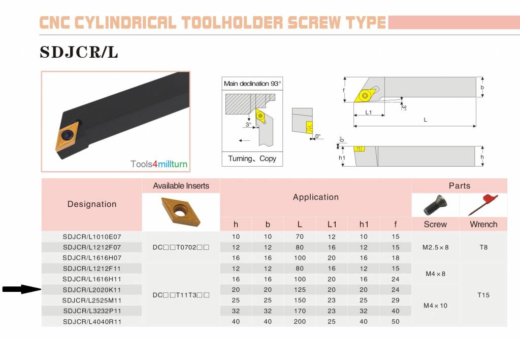 Drehmeißel zum Außendrehen SDJCR 2020 K11 - tools4millturn